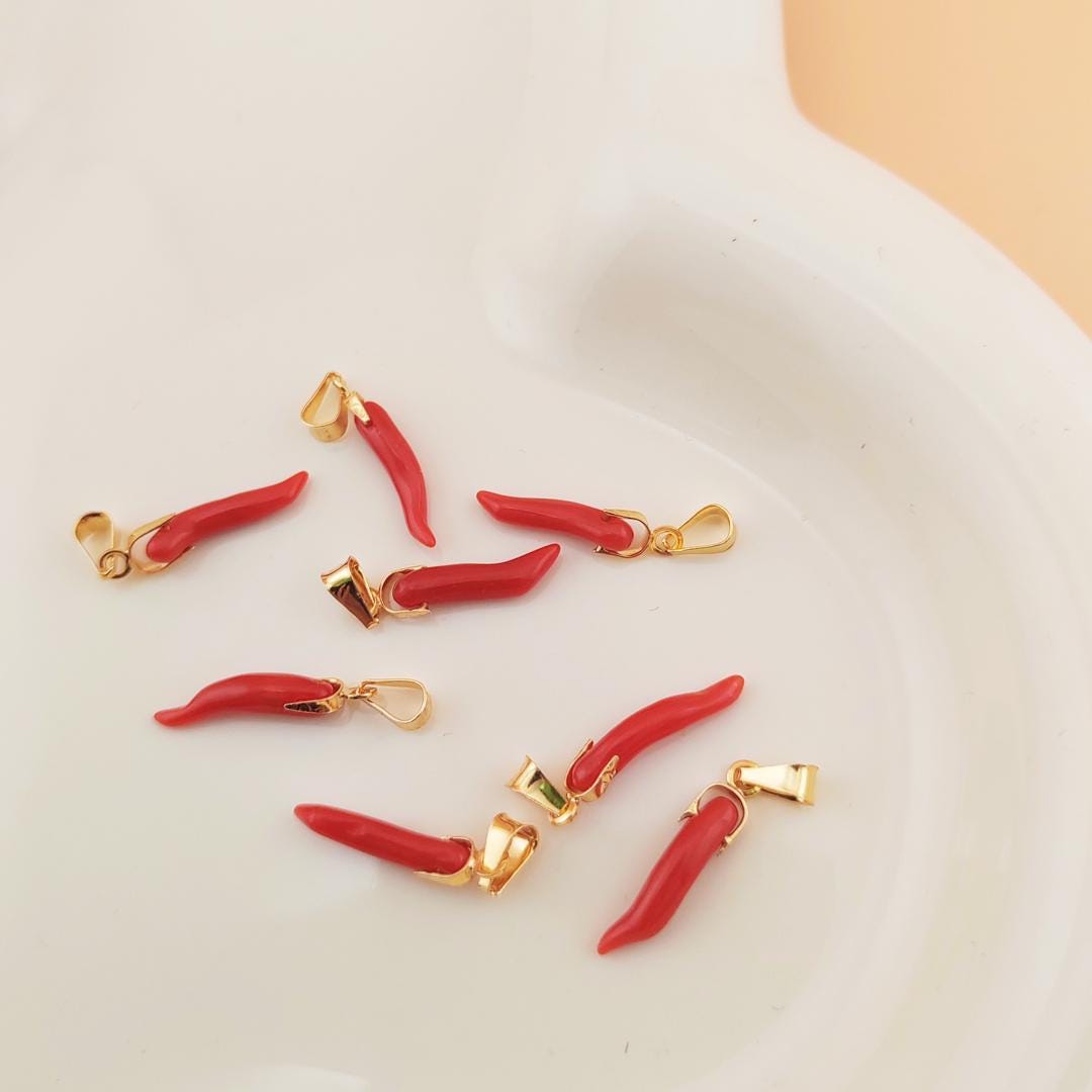 Small Natural Red Coral Lucky Horn, Handcrafted in 925 Silver, Gold or ...