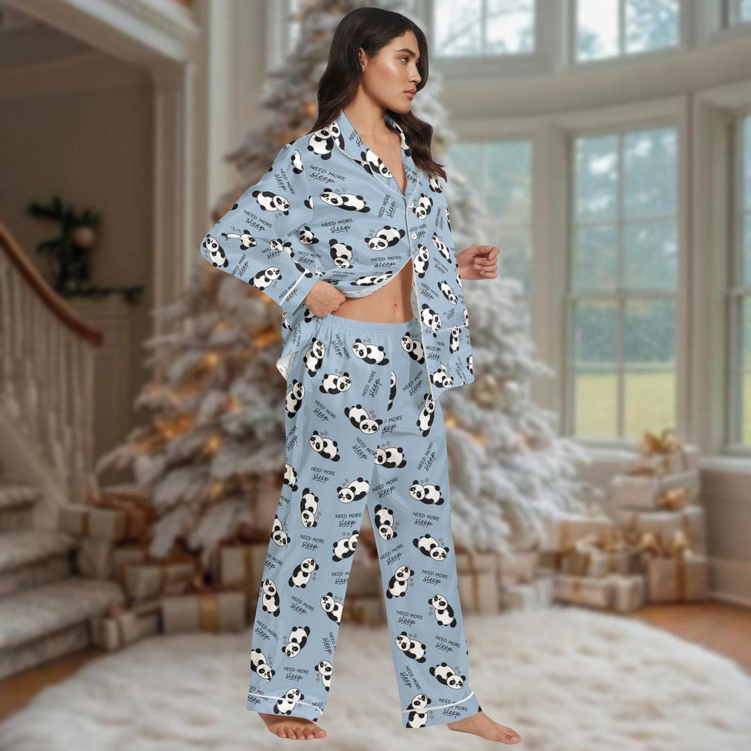 Panda Long Thick Pjs Set, Cute Panda Thick Pajamas, Blue Panda Long ...
