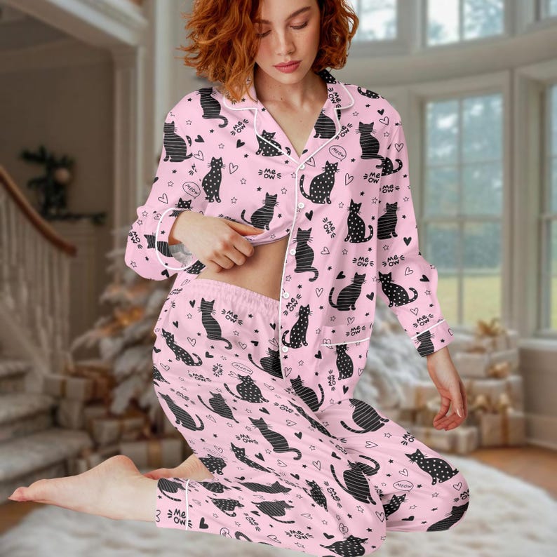 Cat Lover Long Thick Pjs Set, Meow Thick Pajamas, Black Cat Long Pajama ...