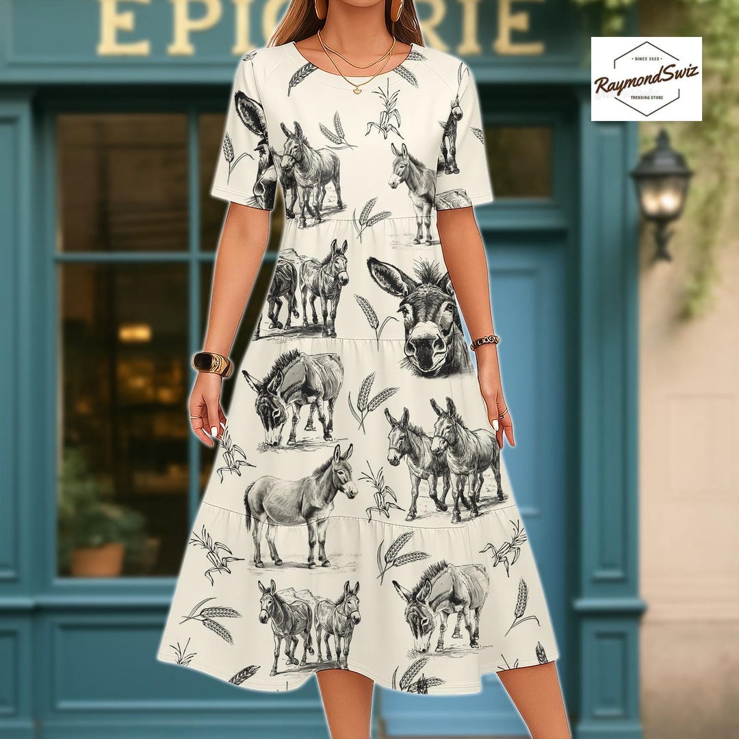 Donkey Tiered Dress, Farm Animal A-line Dress, Women Midi Dress, Women ...