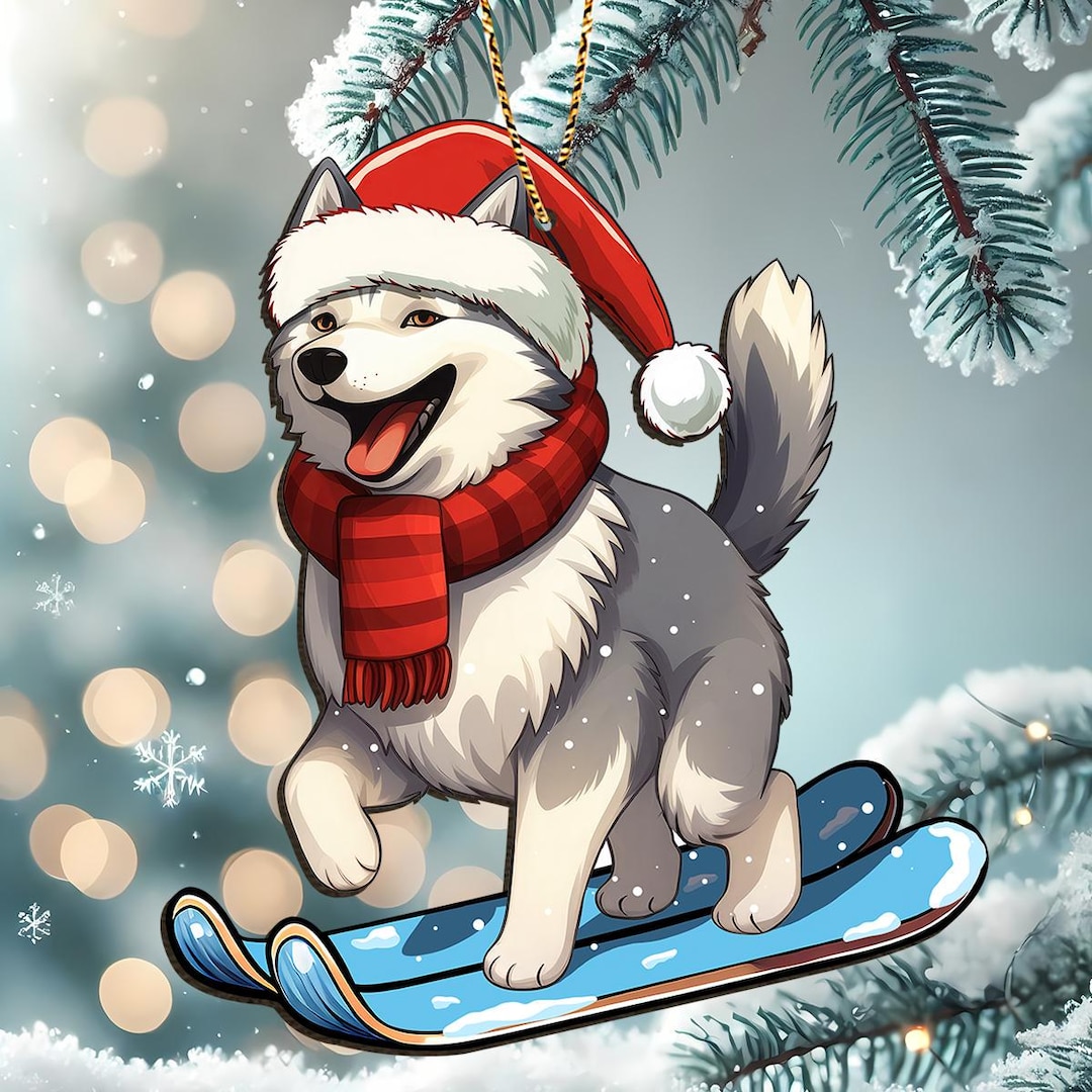 Skiing Husky Wooden Ornament, Cute Snow Dog in Santa Hat Xmas Decor ...