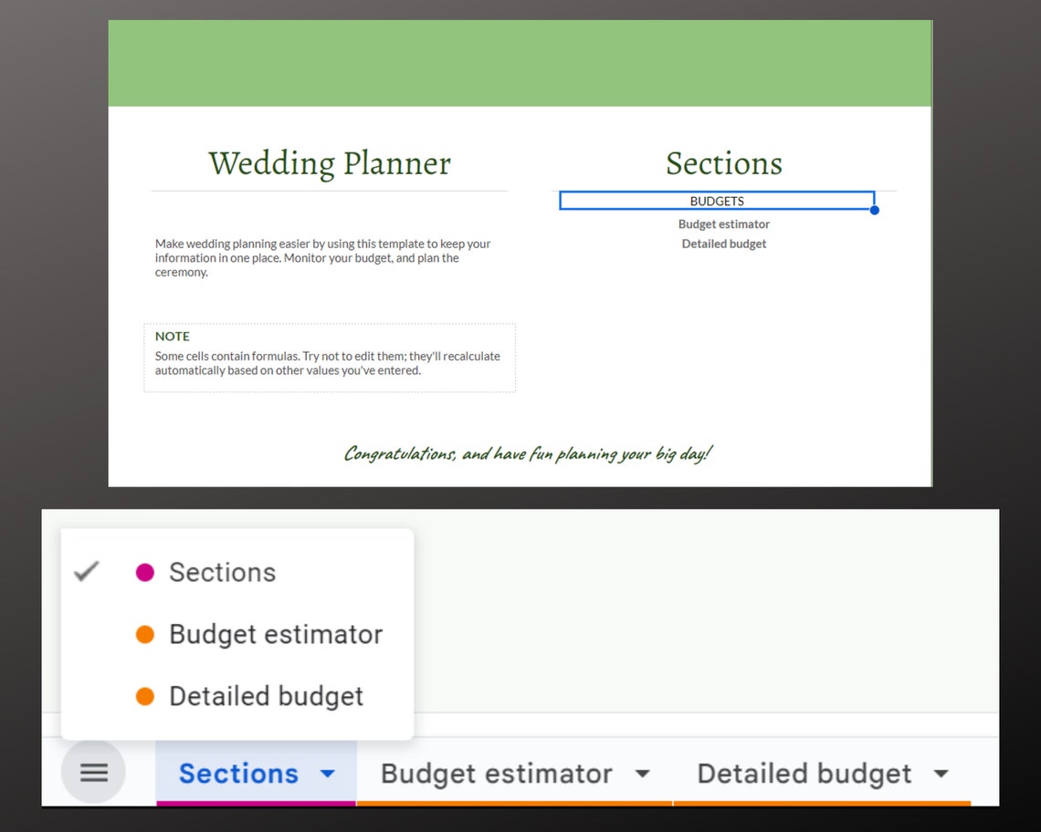 Wedding Budget Planner Spreadsheet Google Sheets Green - Etsy