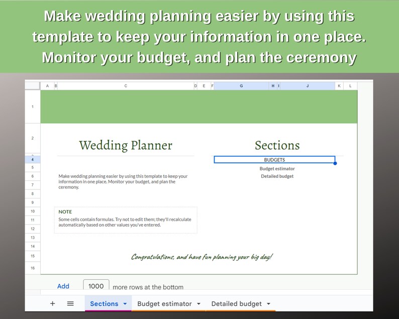Wedding Budget Planner Spreadsheet Google Sheets Green - Etsy