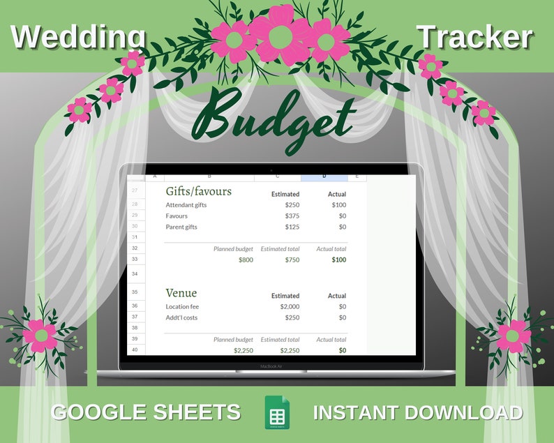 Wedding Budget Planner Spreadsheet Google Sheets Green - Etsy