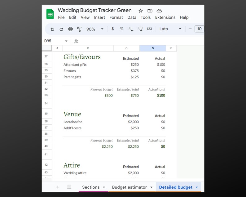 Wedding Budget Planner Spreadsheet Google Sheets Green - Etsy