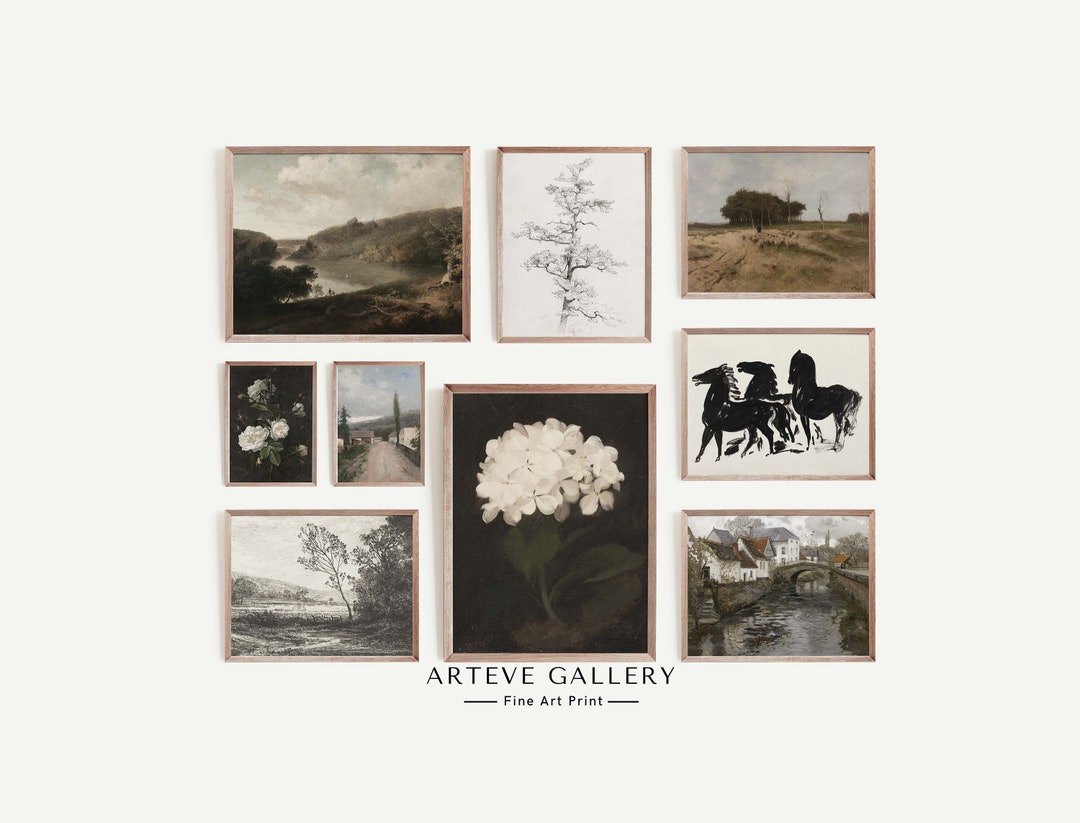 Printable Moody Country Gallery Wall Art SET of 9 | Antique Prints Warm ...