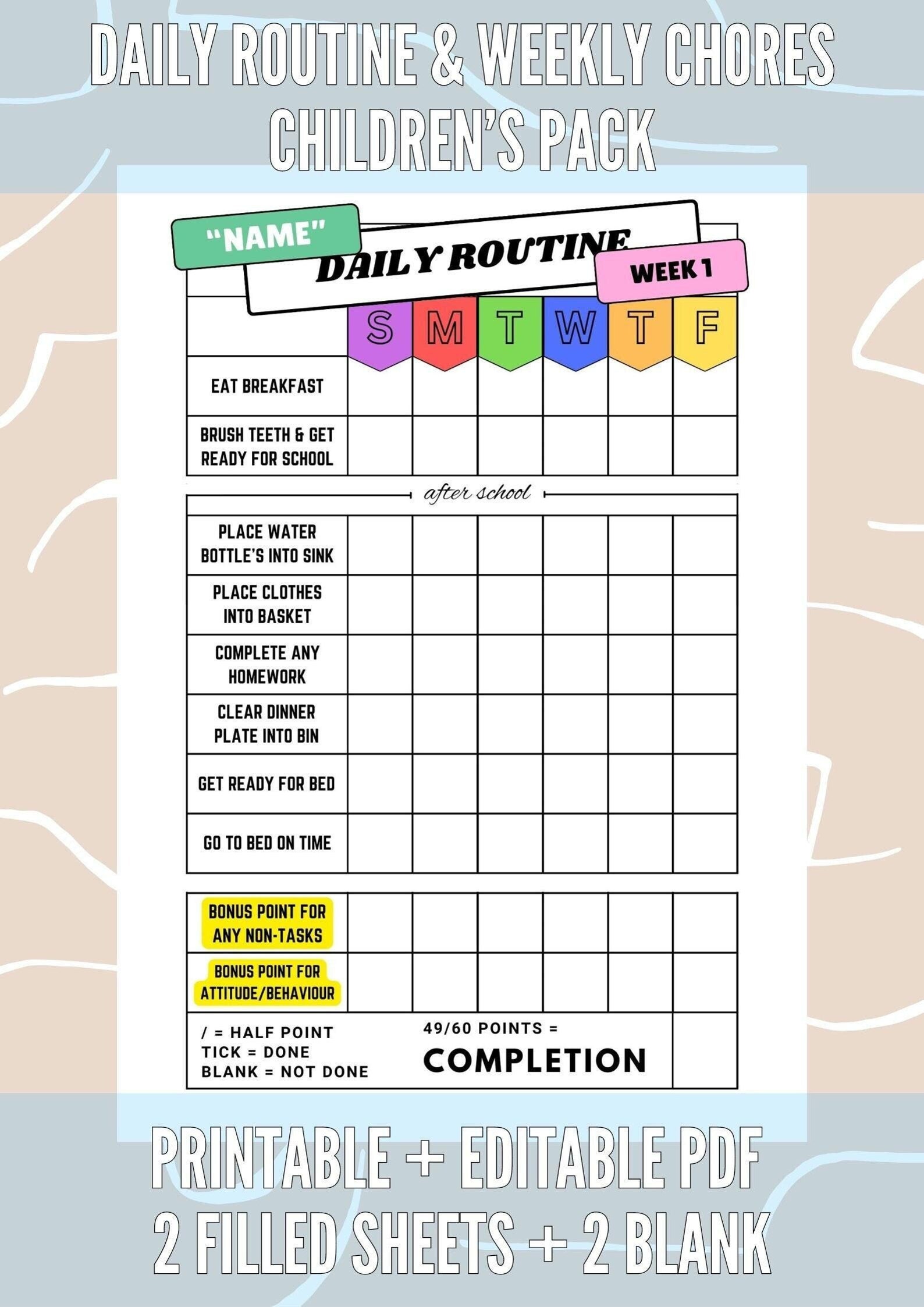 Kids Daily Responsibilities Chart, Printable Daily Routine, Chore Chart ...