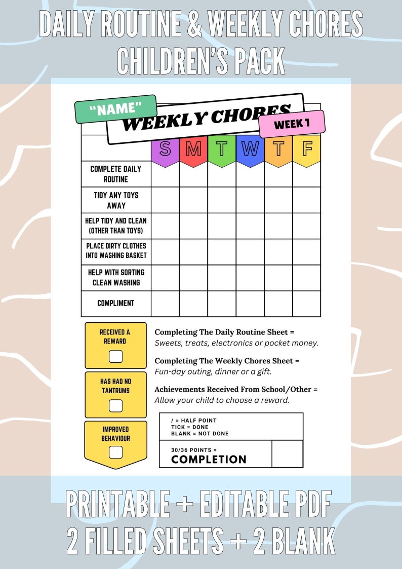 Kids Daily Responsibilities Chart, Printable Daily Routine, Chore Chart ...