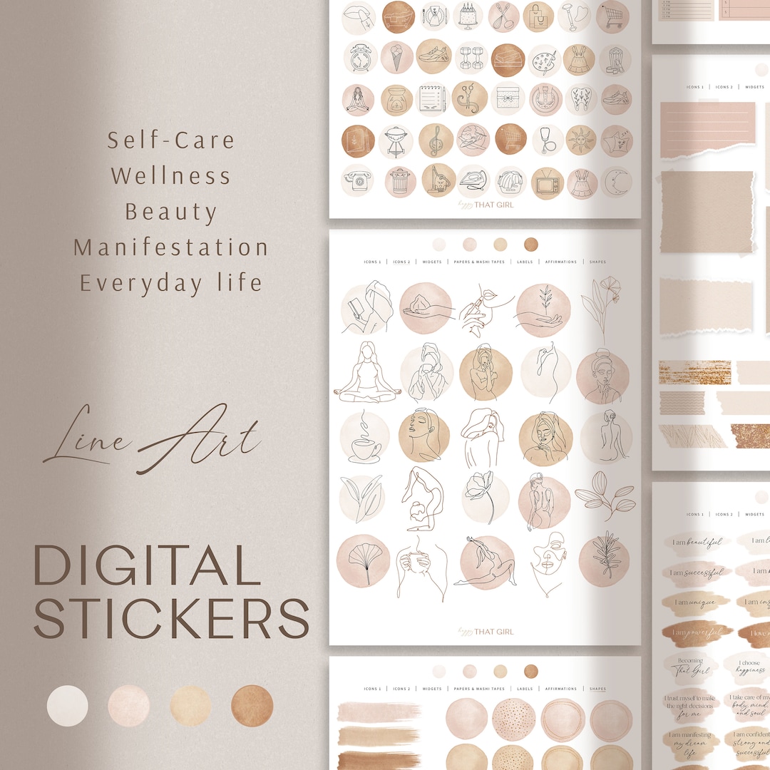 Digital Stickers LINE ART / Digital Planner Stickers / Precropped Self ...