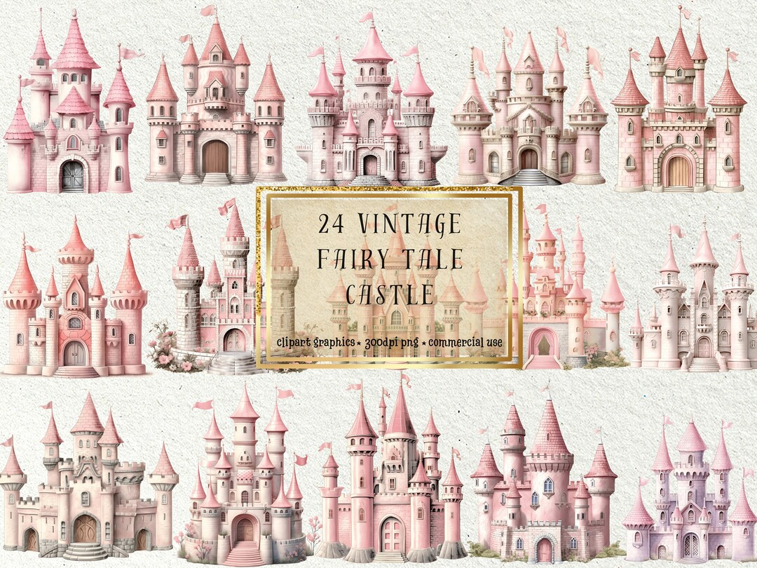 Vintage Pink Castle Clipart: Fairy Tale PNG Graphics (commercial Use ...