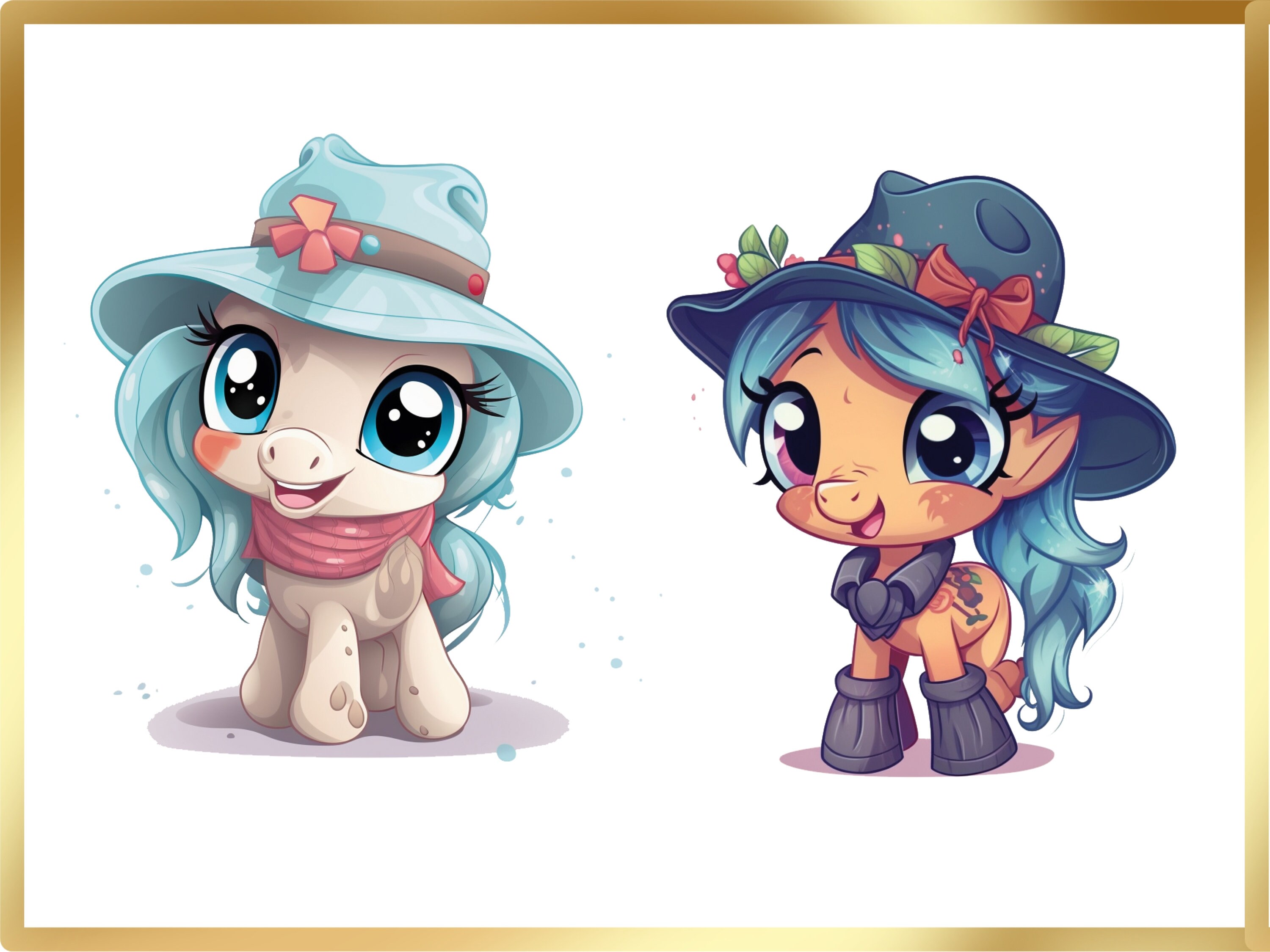 CUTE CARTOON Digital Pony Clipart Design Pack With Hats 10 Cute Cartoon ...