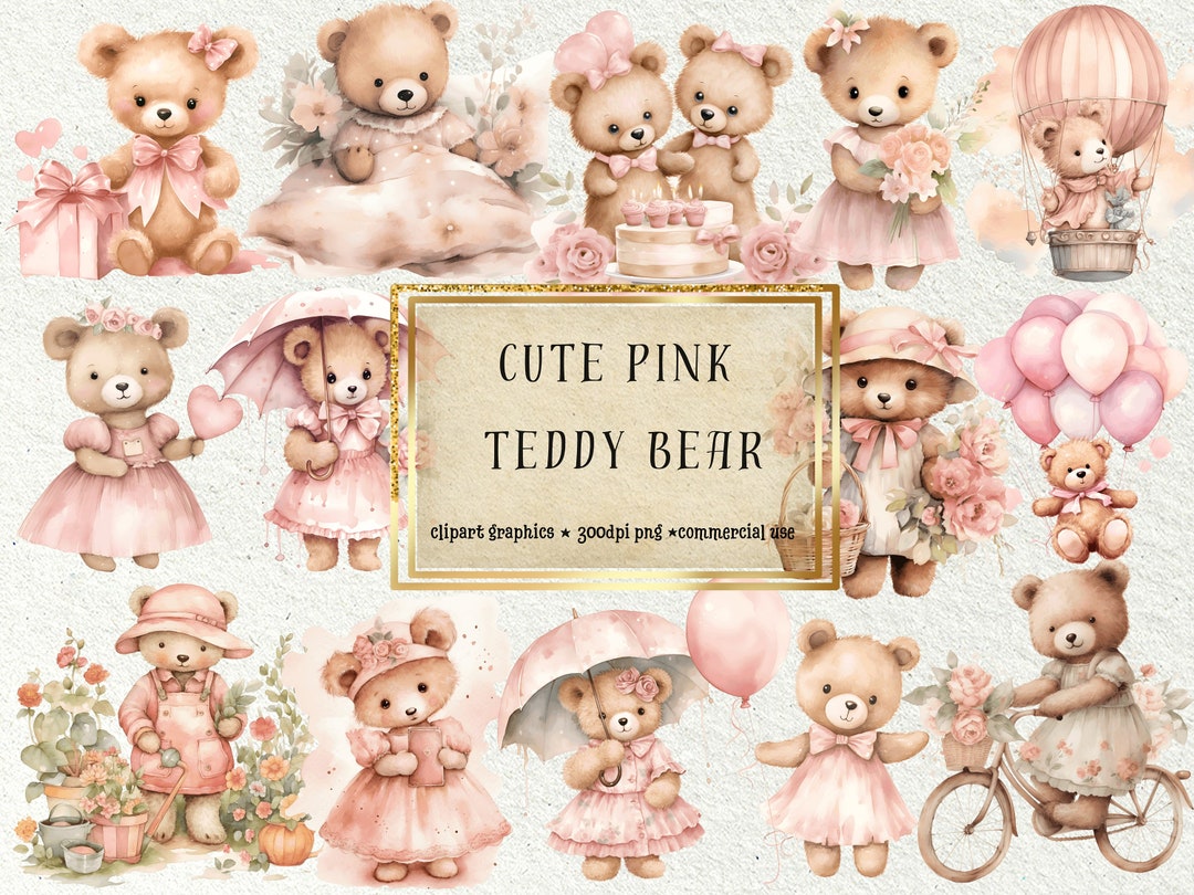 31 Pink Watercolor Teddy Bears Clipart Set, DIY Crafting, Invitation ...