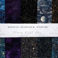 18 Watercolor Whimsical Starry Night Digital Papers, Night Sky Texture ...