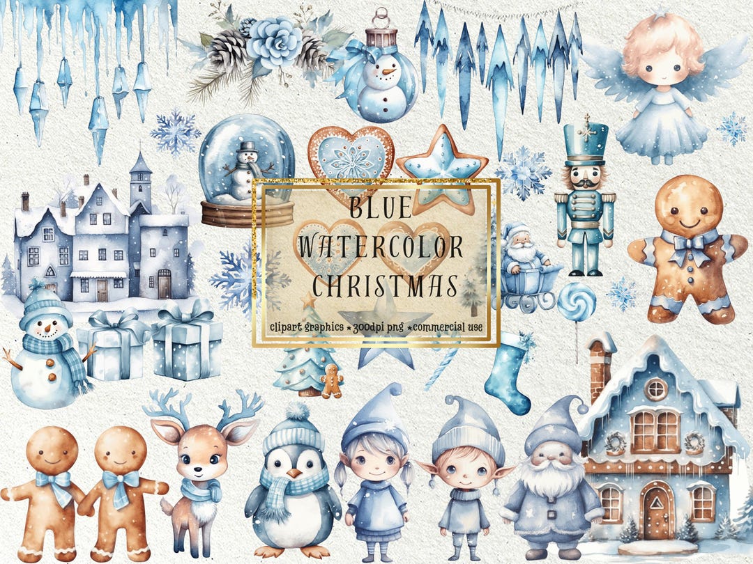 Blue Christmas Watercolor Clipart: Holiday PNG Graphics (commercial Use ...