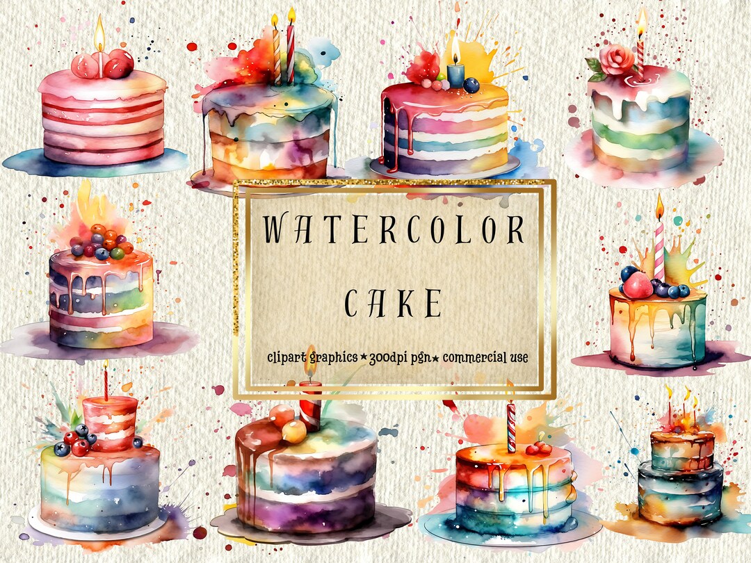 Watercolor Minimalistic Birthday Cake Clipart Set 10 High-quality PNG ...