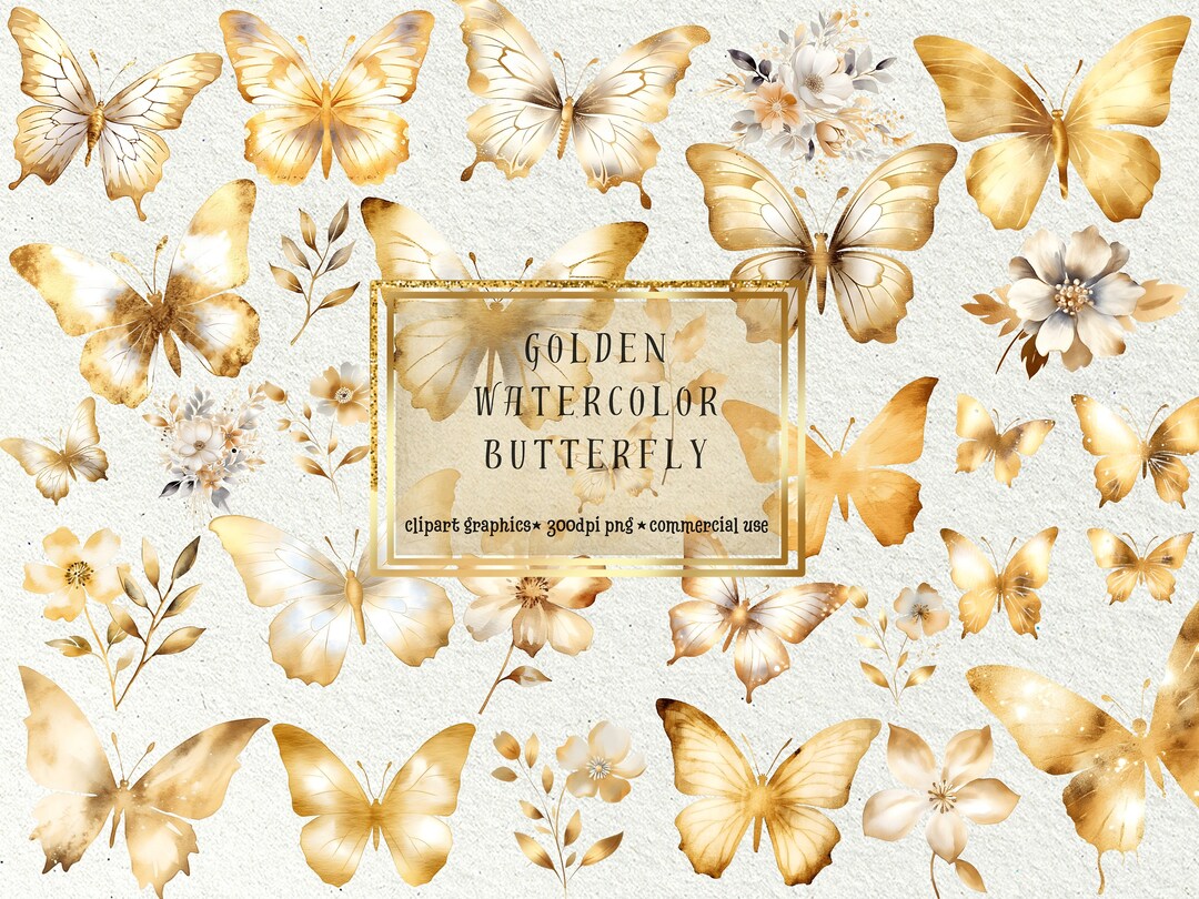 Exclusive 42-piece Watercolor Gold Butterflies & Flowers Clipart Set ...