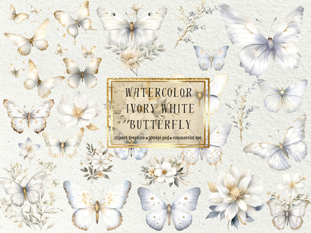 45 Vintage Ivory White Butterflies With Gold Details Cliparts - Perfect ...