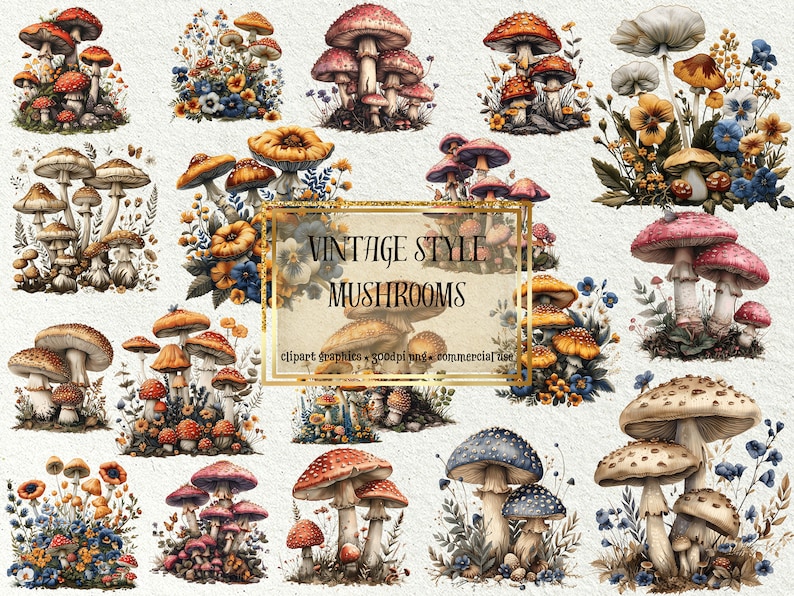 30 Whimsical Mushroom Clipart - Vintage Style Digital Images ...