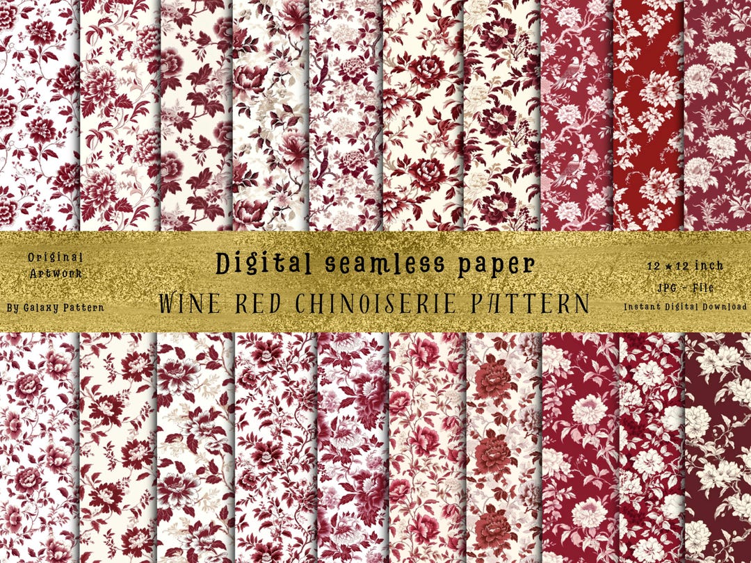 Wine Red Chinoiserie Patterns: Seamless Floral Designs (digital ...
