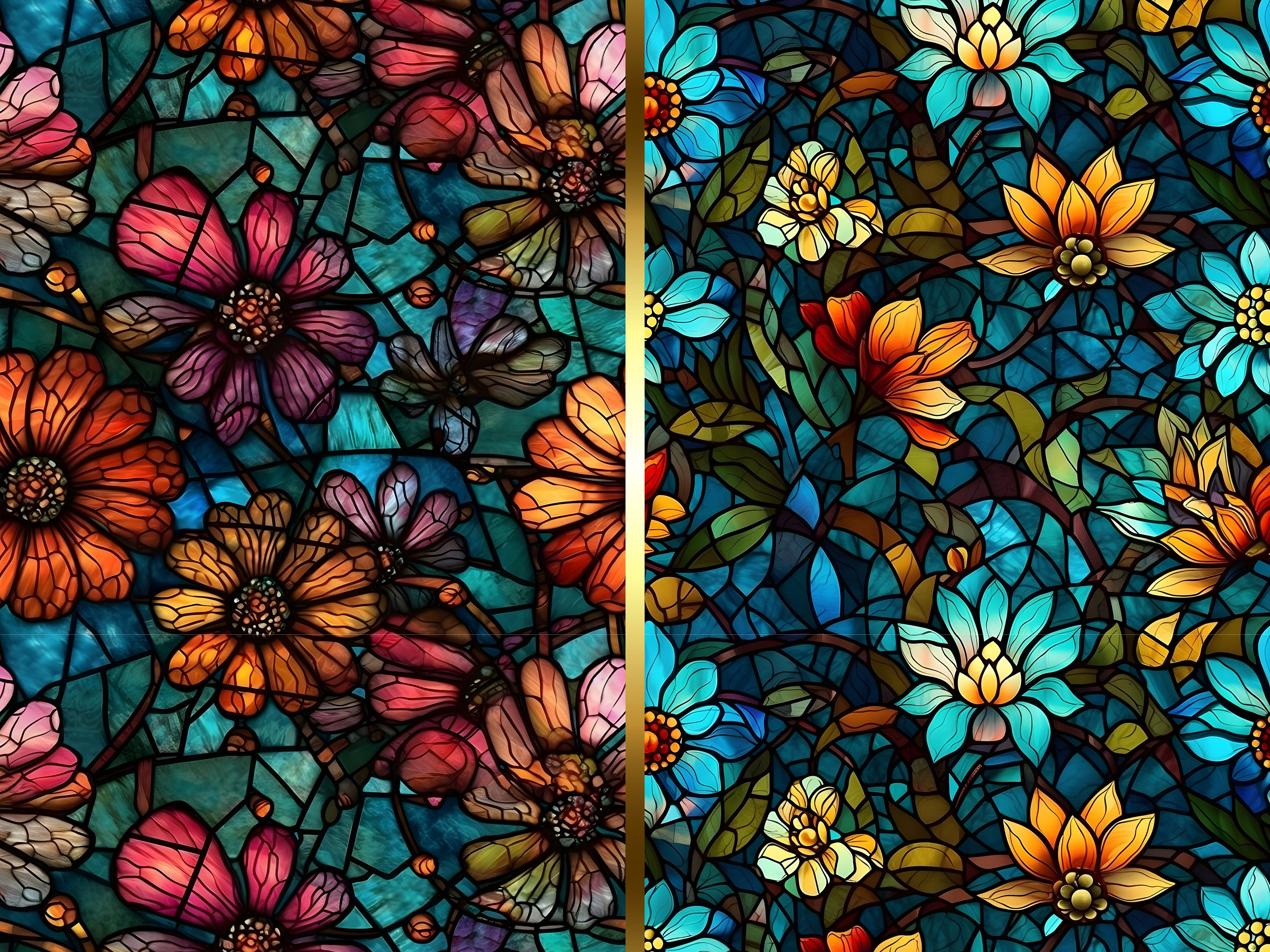 Vintage Stained Glass Floral Seamless Patterns - Set of 10 + Bonus ...