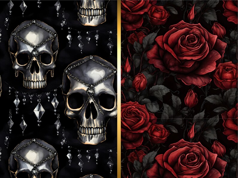 101 Bonus, Luxury Gothic Red Roses & Skull Seamless Patterns Digital ...