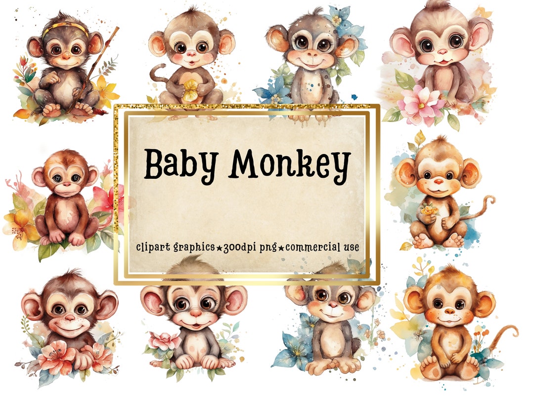 Add a Touch of Sweetness With Watercolor Baby Monkeys Clipart Set for ...