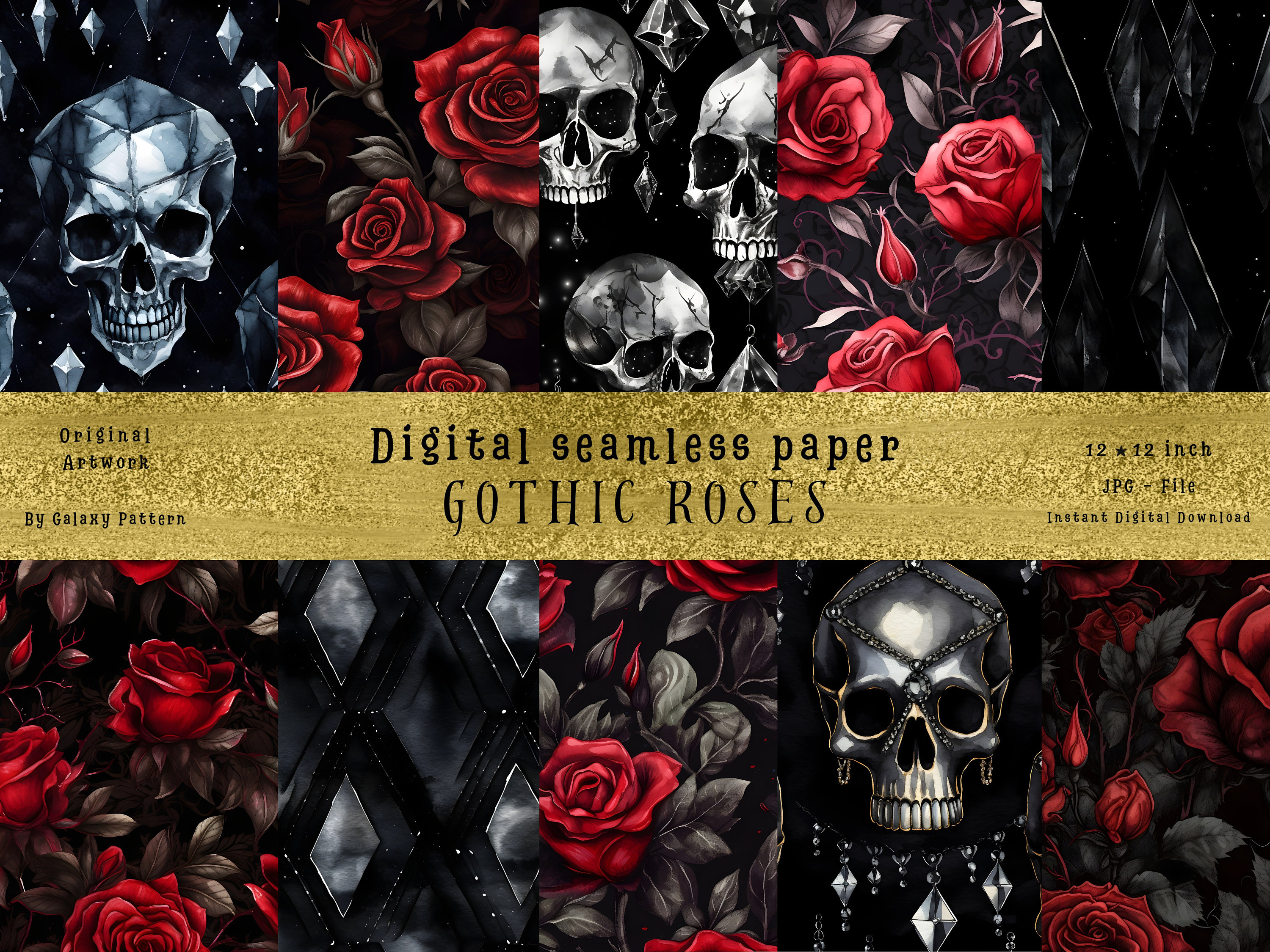 101 Bonus, Luxury Gothic Red Roses & Skull Seamless Patterns Digital ...