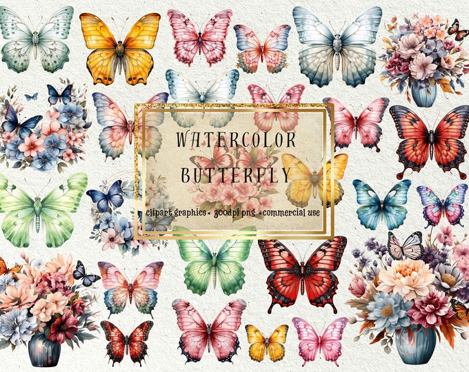 Spring Butterfly Clipart - Floral Digital Art, Watercolor Printables ...