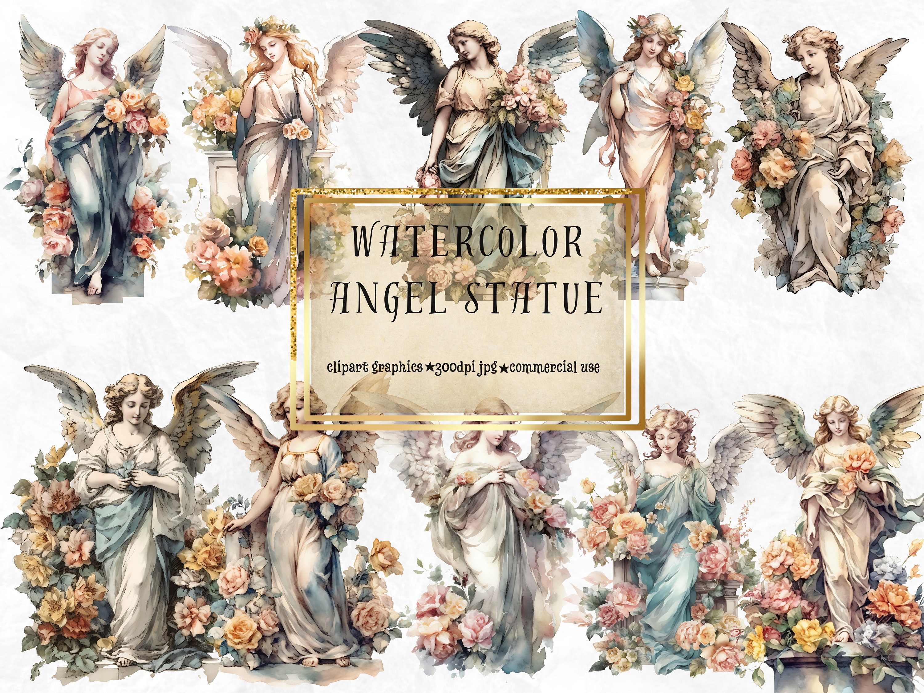 Heavenly Angels Clipart Set | Watercolor Statue Art | 10 PNG Images ...