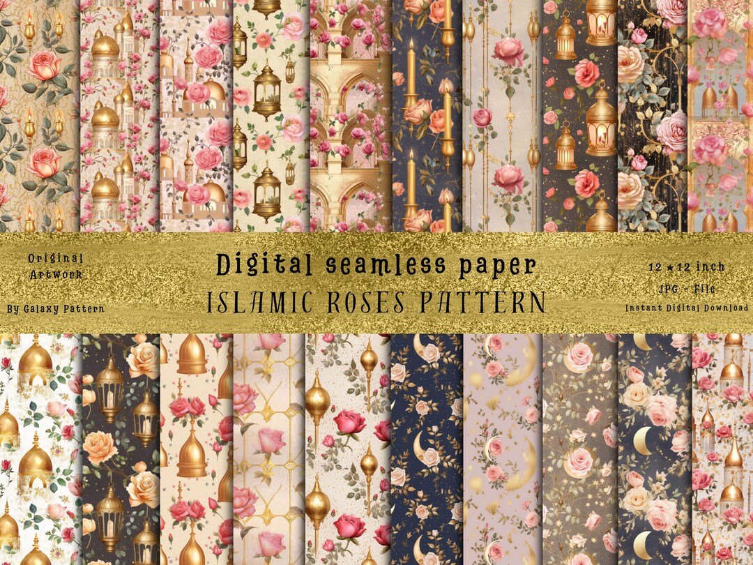 Islamic Roses Seamless Patterns: Vintage Gold Glitter (digital Download ...