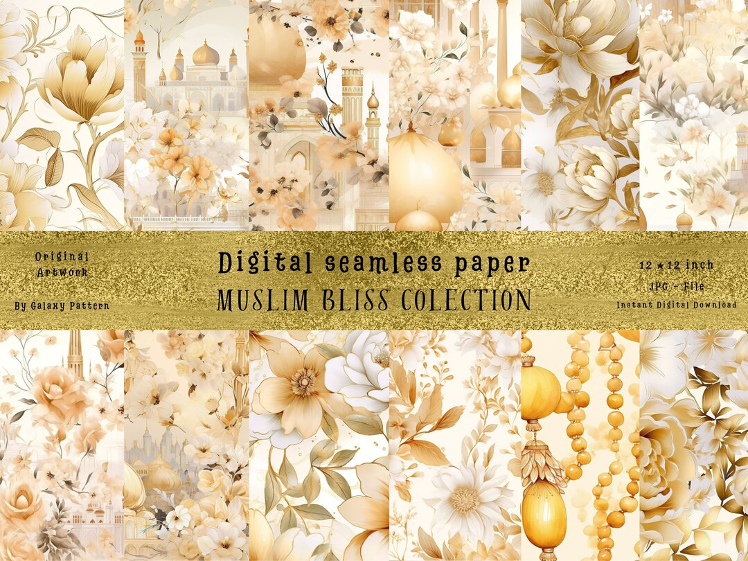 Golden Bliss: 16 Watercolor Muslim Art Seamless Patterns + 1 Bonus ...