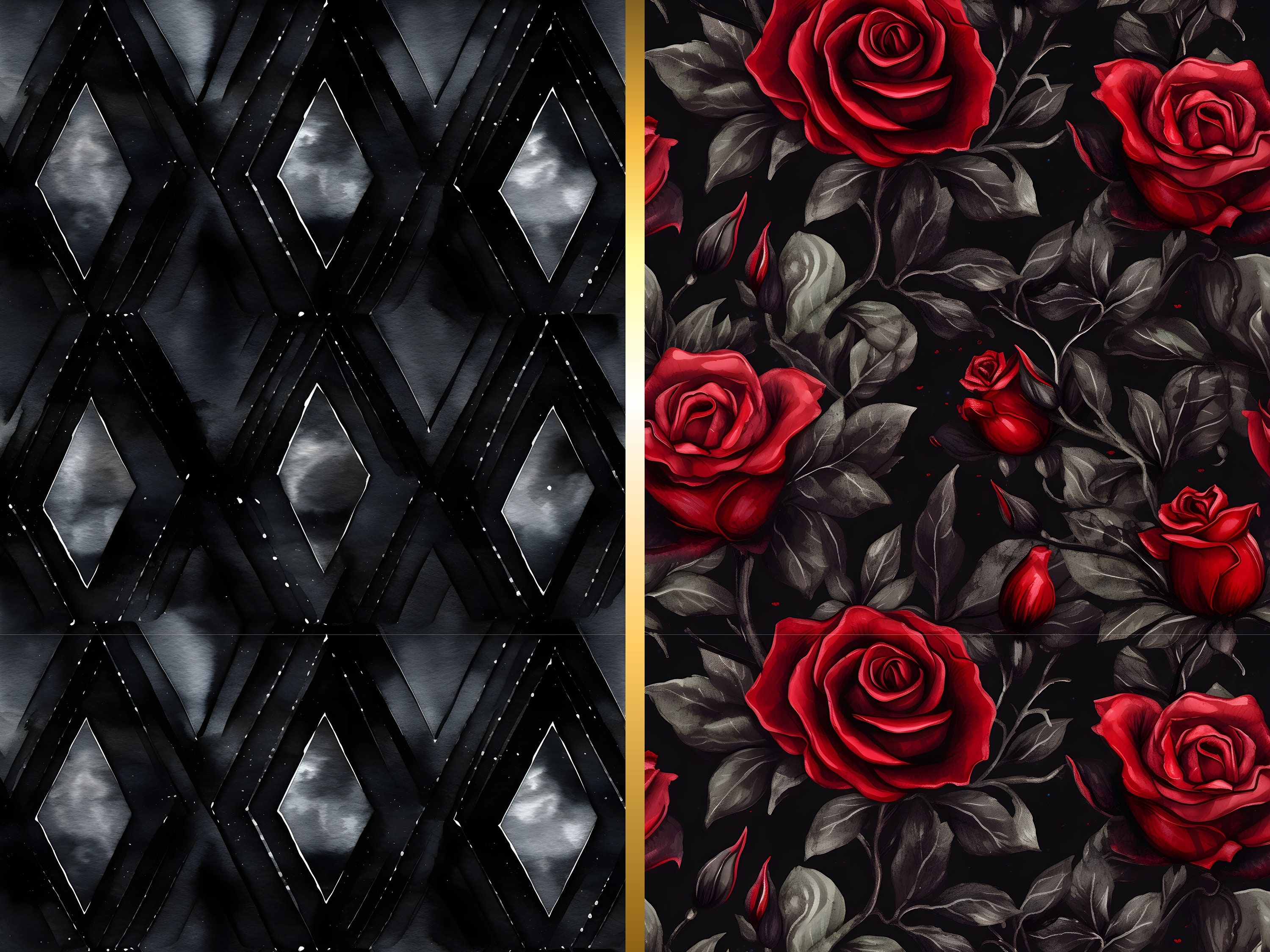 101 Bonus, Luxury Gothic Red Roses & Skull Seamless Patterns Digital ...