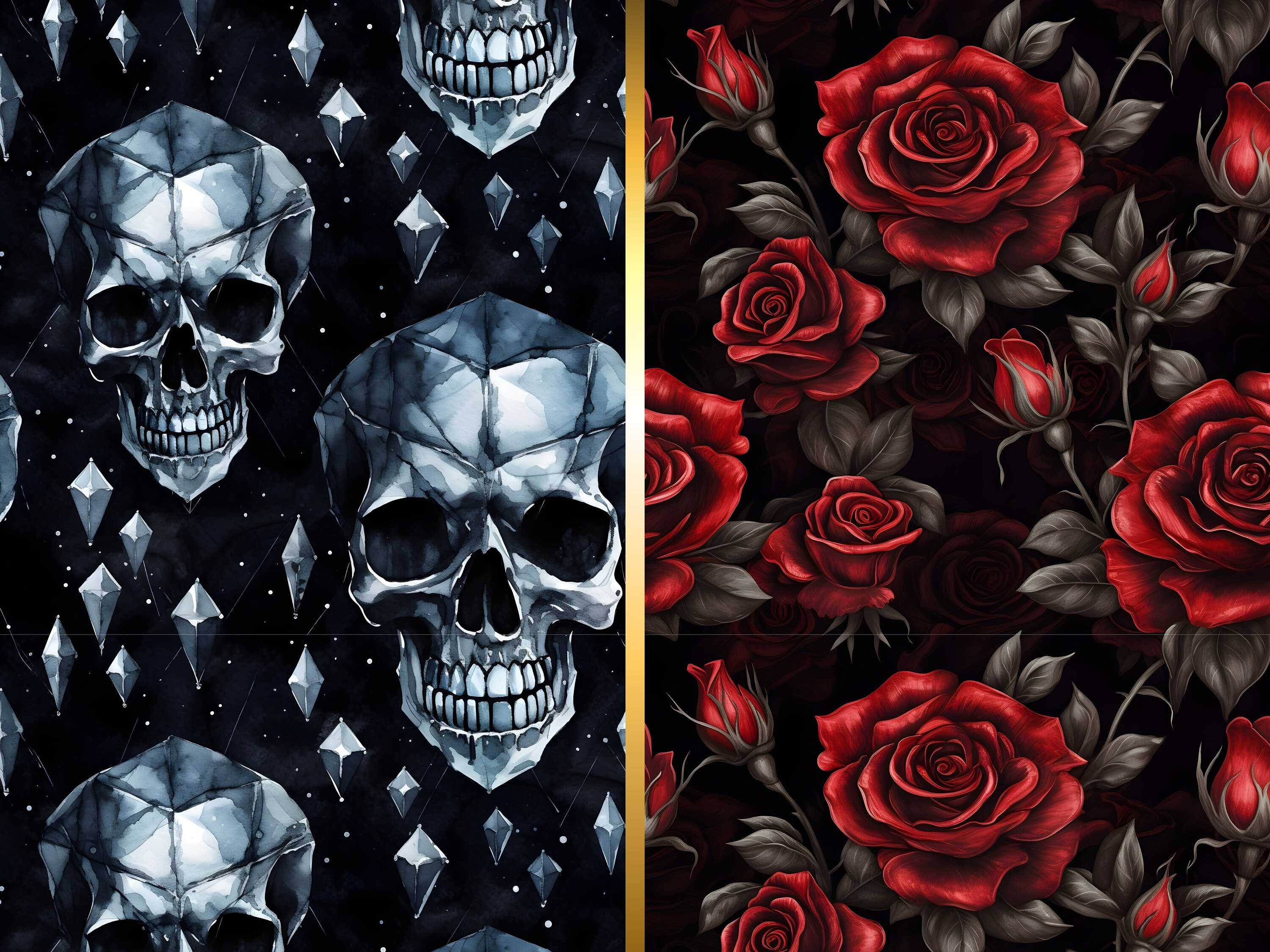 101 Bonus, Luxury Gothic Red Roses & Skull Seamless Patterns Digital ...