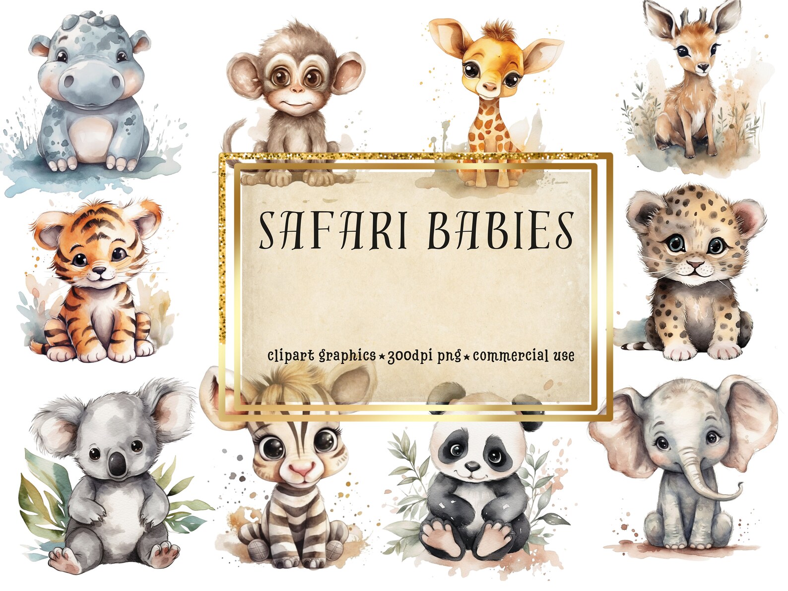 Super Cute Baby Safari Animals Clipart - 10-pack Watercolor ...