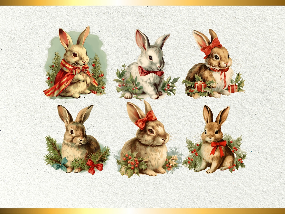 Vintage Christmas Bunnies Clipart 20 High Quality PNG Digital Planner ...