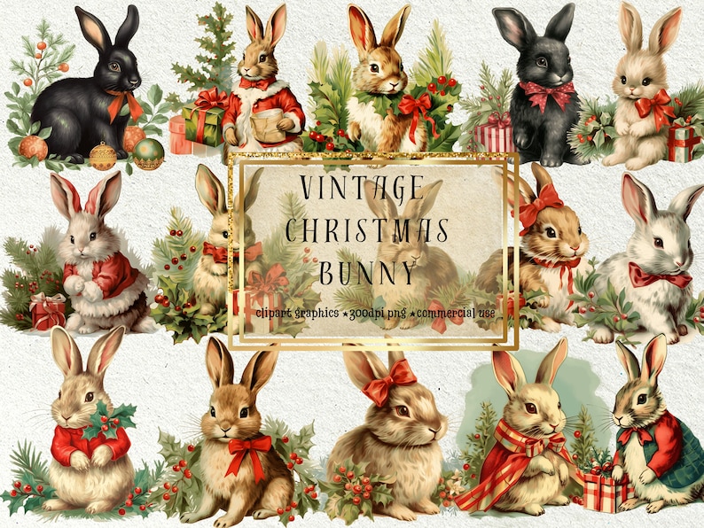 Vintage Christmas Bunnies Clipart - 20 High Quality PNG - Digital ...