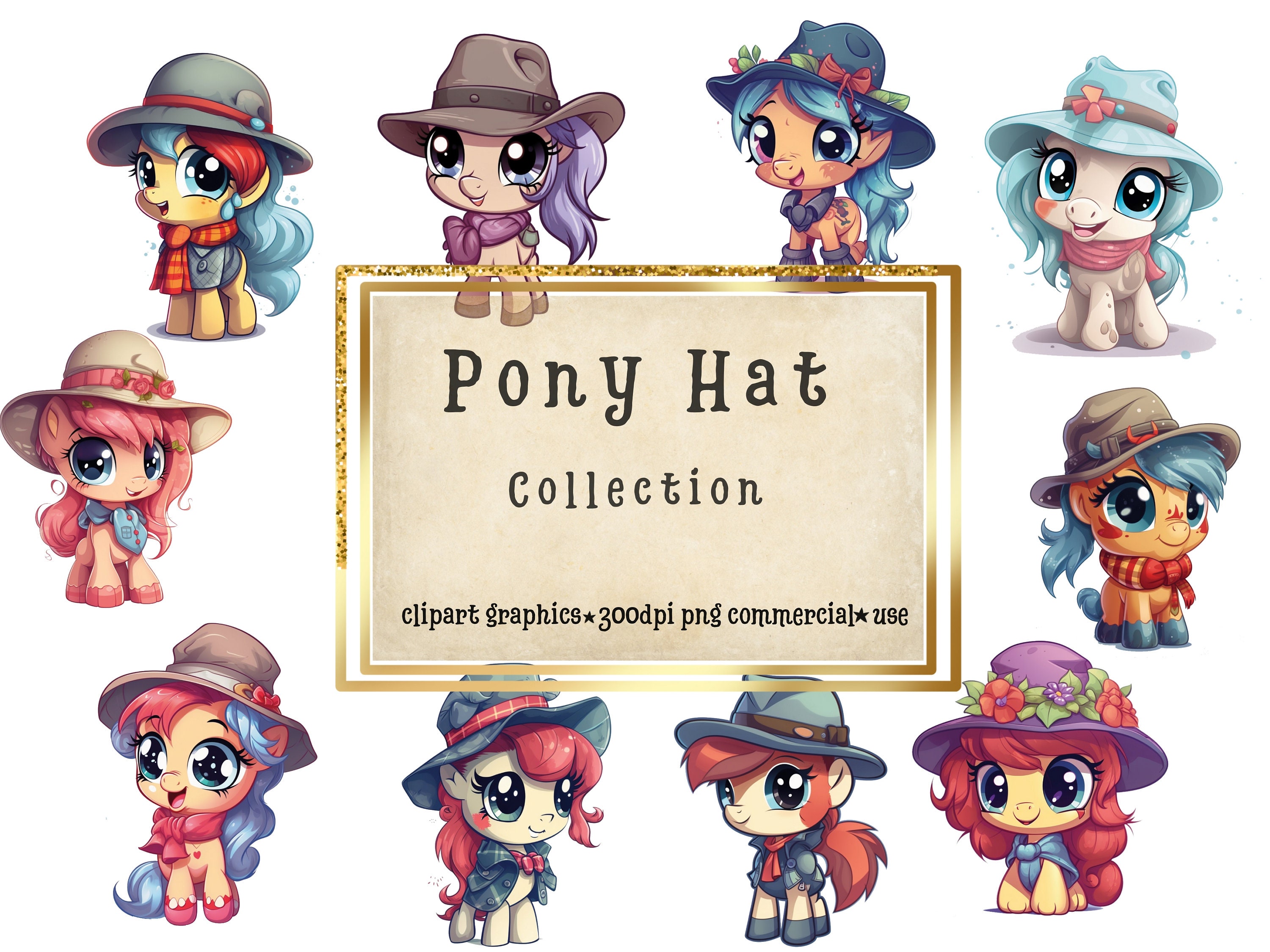 CUTE CARTOON Digital Pony Clipart Design Pack With Hats 10 Cute Cartoon ...