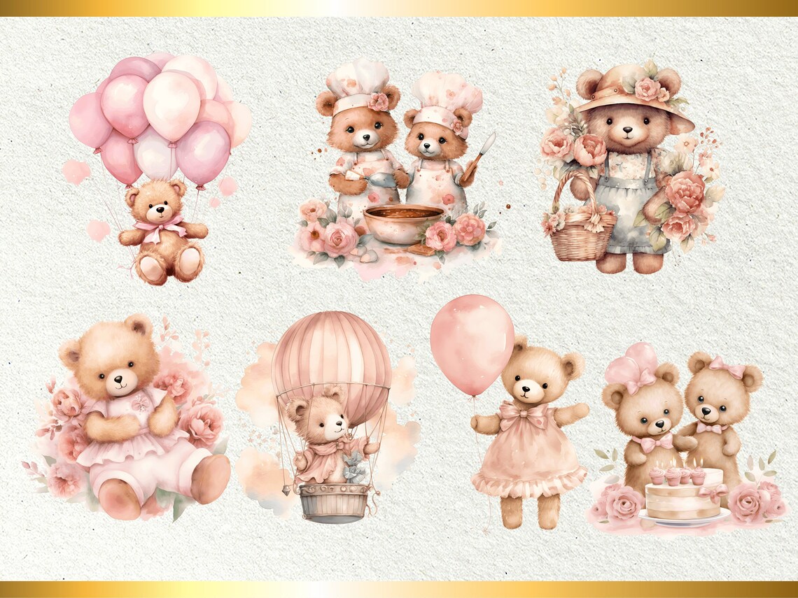 31 Pink Watercolor Teddy Bears Clipart Set, DIY Crafting, Invitation ...