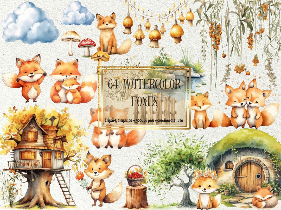 64 Woodland Fox Watercolor Clipart, Forest Animals Clip Art, Nursery ...