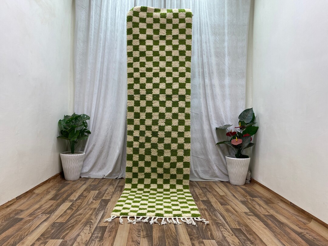 Large Green and White Checkered Rug, Moroccan Berber Checkered Rug ...