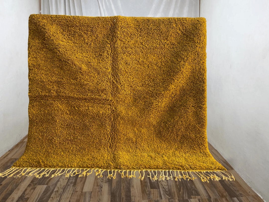 Mustrad Yellow Moroccan Rug, Solid Color Wool Rug, Custom Washable Beni ...