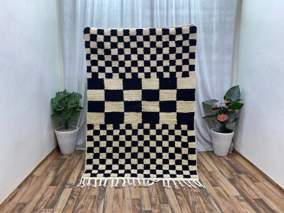 Black Checkered Handmade Morrocan Wool Rug 8x10, Contemporary ...