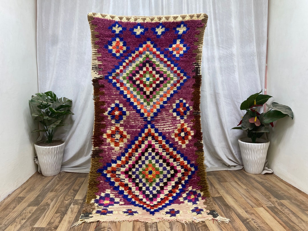 Vintage Moroccan Berber Checkered Rug, Purple Rug, Boho Runner Carpet ...