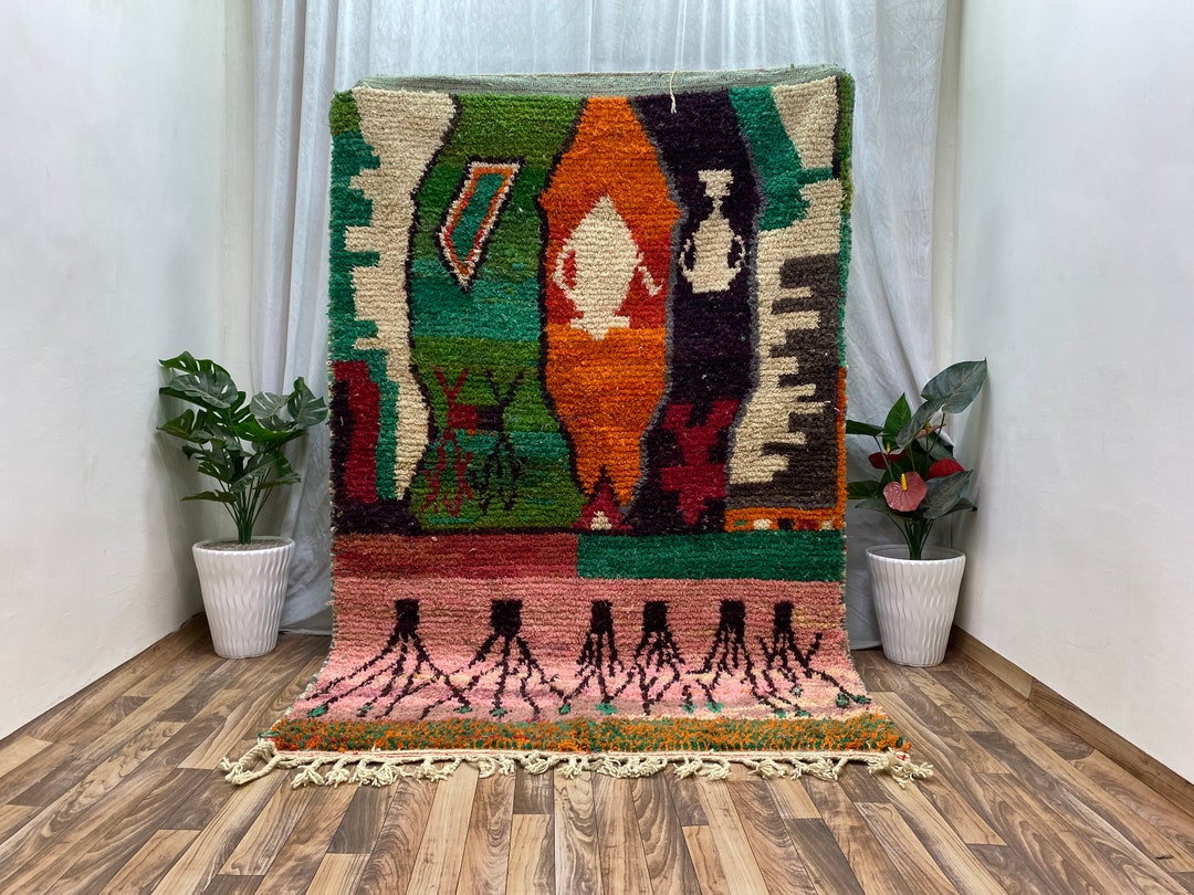 Large Green Pink Custom Berber Area Rug, 9 X 12 Hand Tufted Wool Rug ...