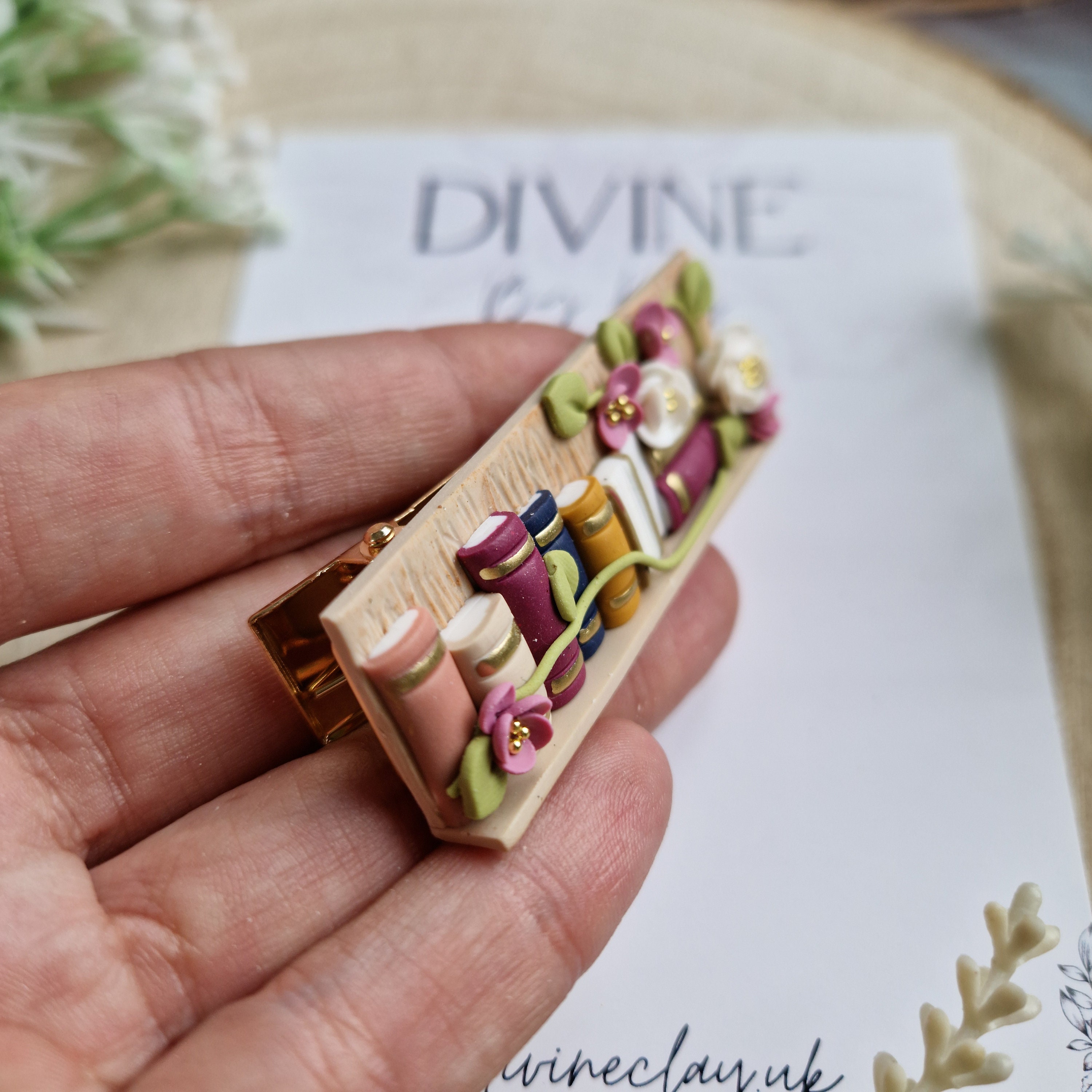 Handmade Clay Bookshelf Hair Clip: Floral Bookworm Gift - Etsy