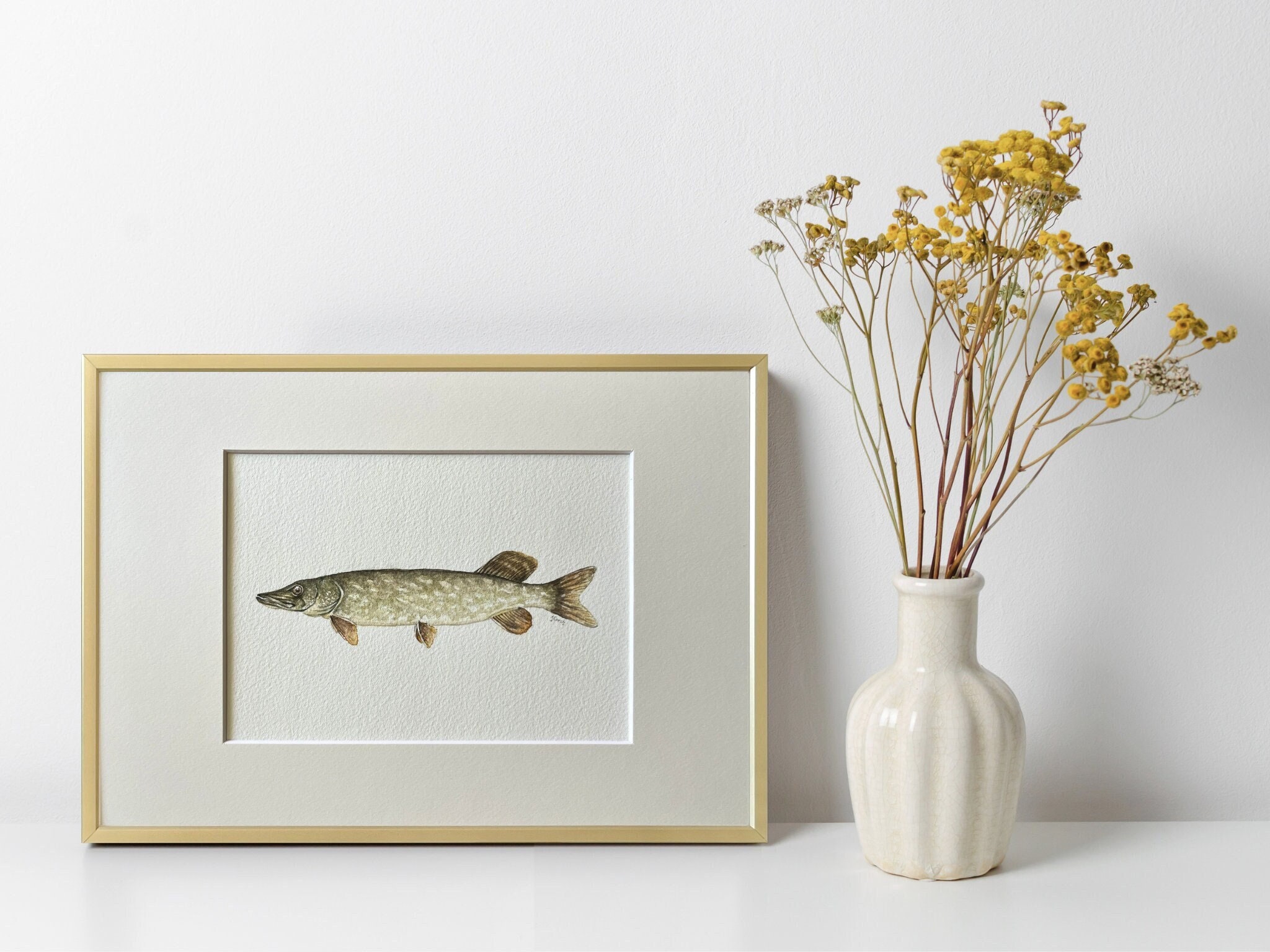 Pike Fish Realistic Watercolor Painting, Framed Art for Home, Gift for ...