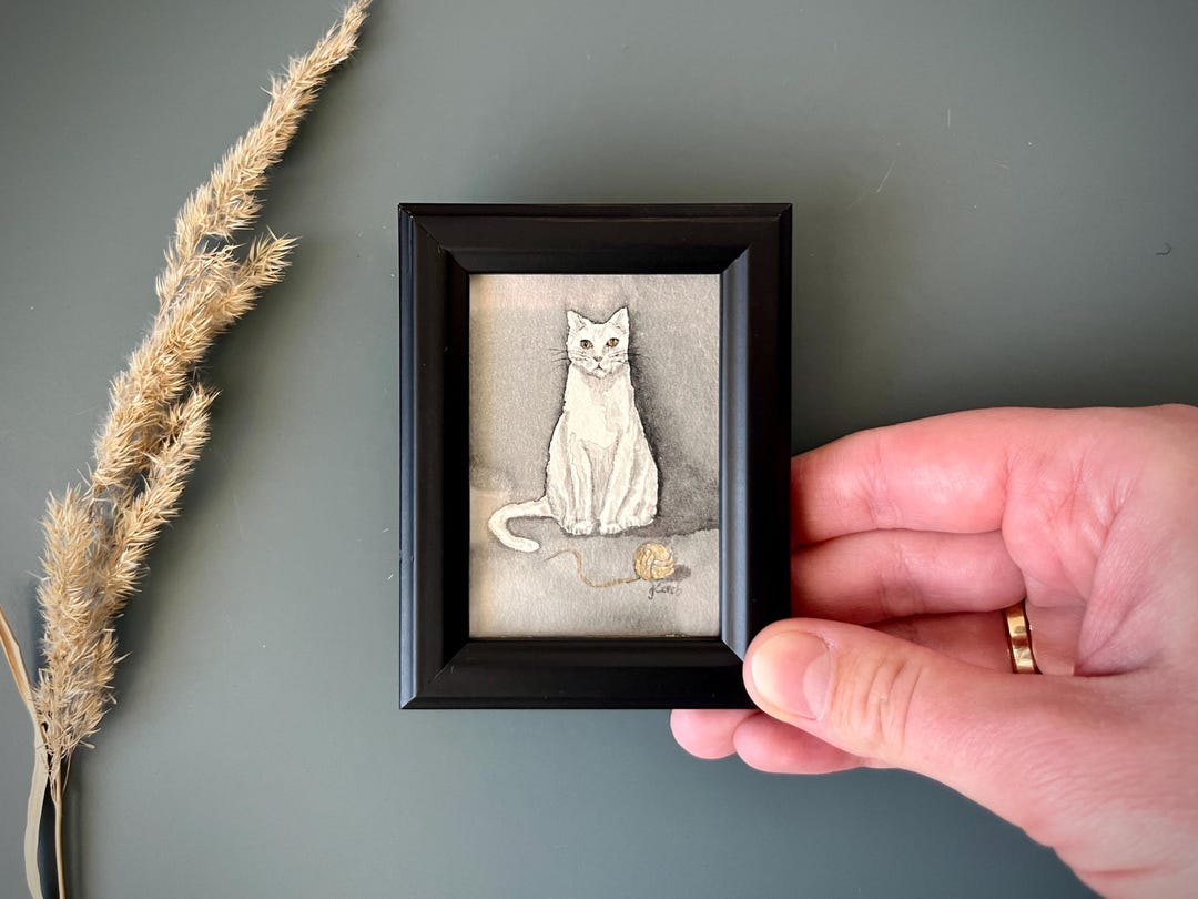 Tiny Painting of a Cat, Small Framed Wall Art, Miniature Art for ...