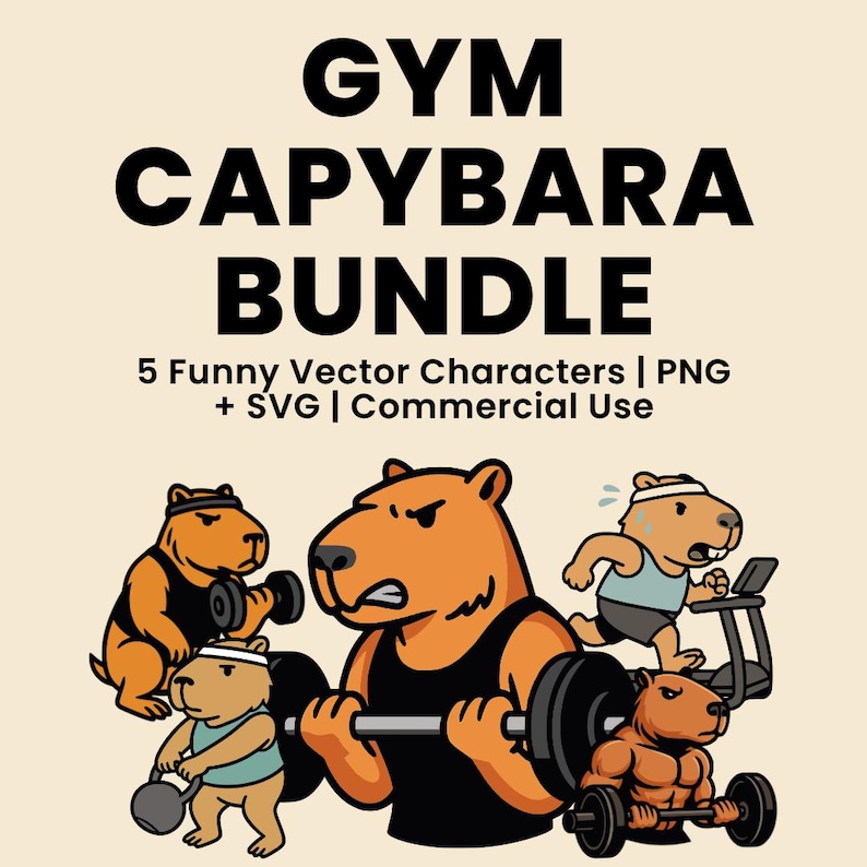 Gym Capybara Clipart Pack | 5 Printable Animal Graphics | PNG + SVG ...