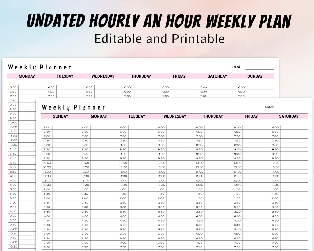 Editable Half Hour Weekly Schedule, Half Hour Planner, Weekly Half ...