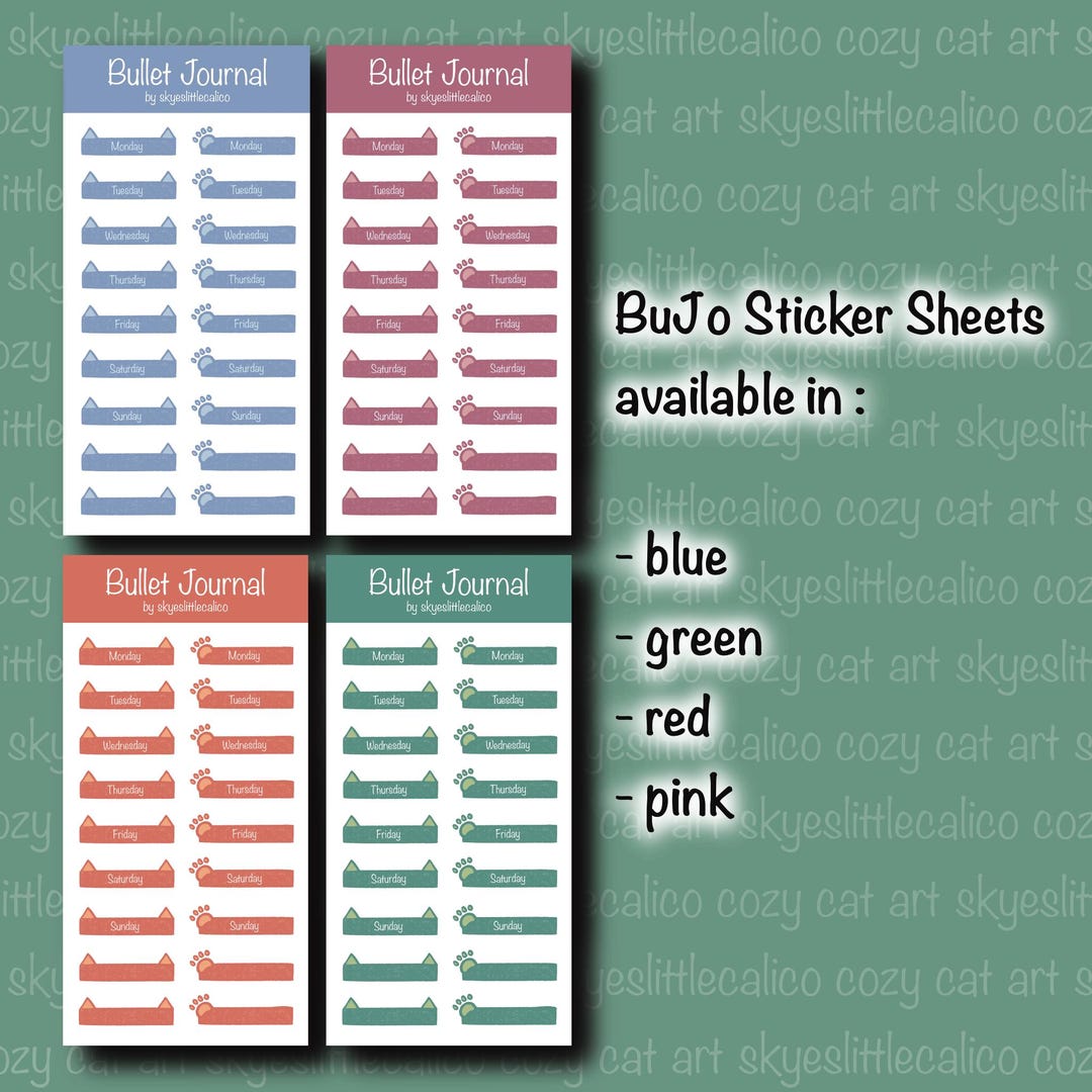 Weekdays - Cat Themed - Bullet Journal Stickers - One Sheet - Etsy